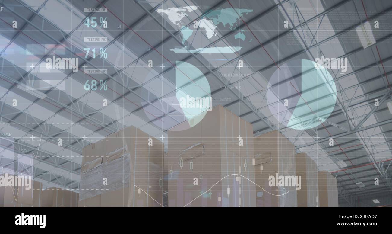 Image of financial data and graphs over packages in warehouse Stock ...
