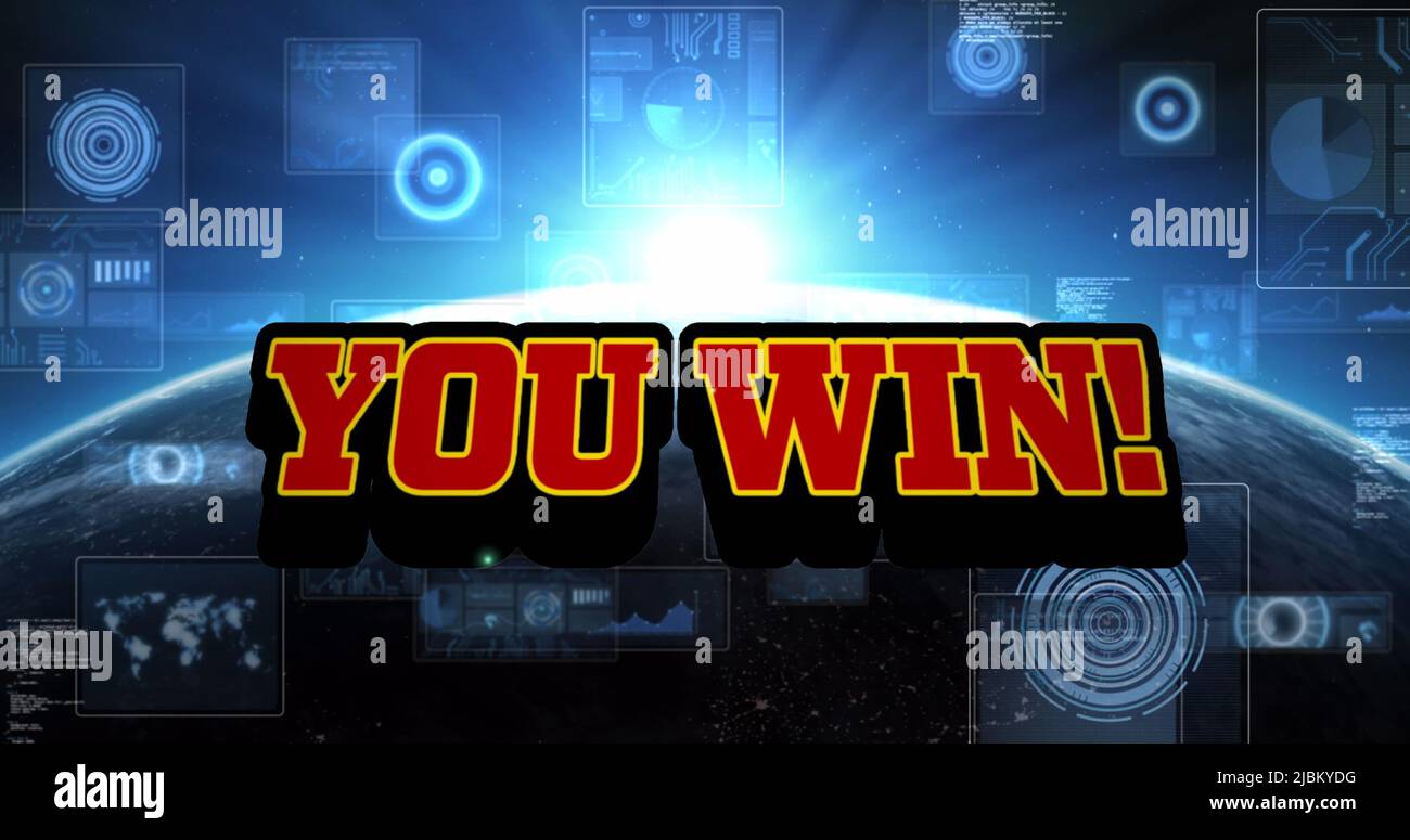 Image of you win text and data processing with globe on black ...