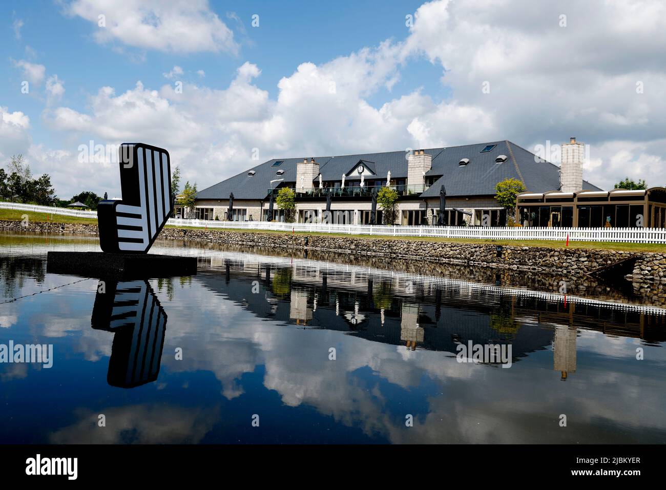 A general view of the clubhouse, viewed from the 18th hole during a ...