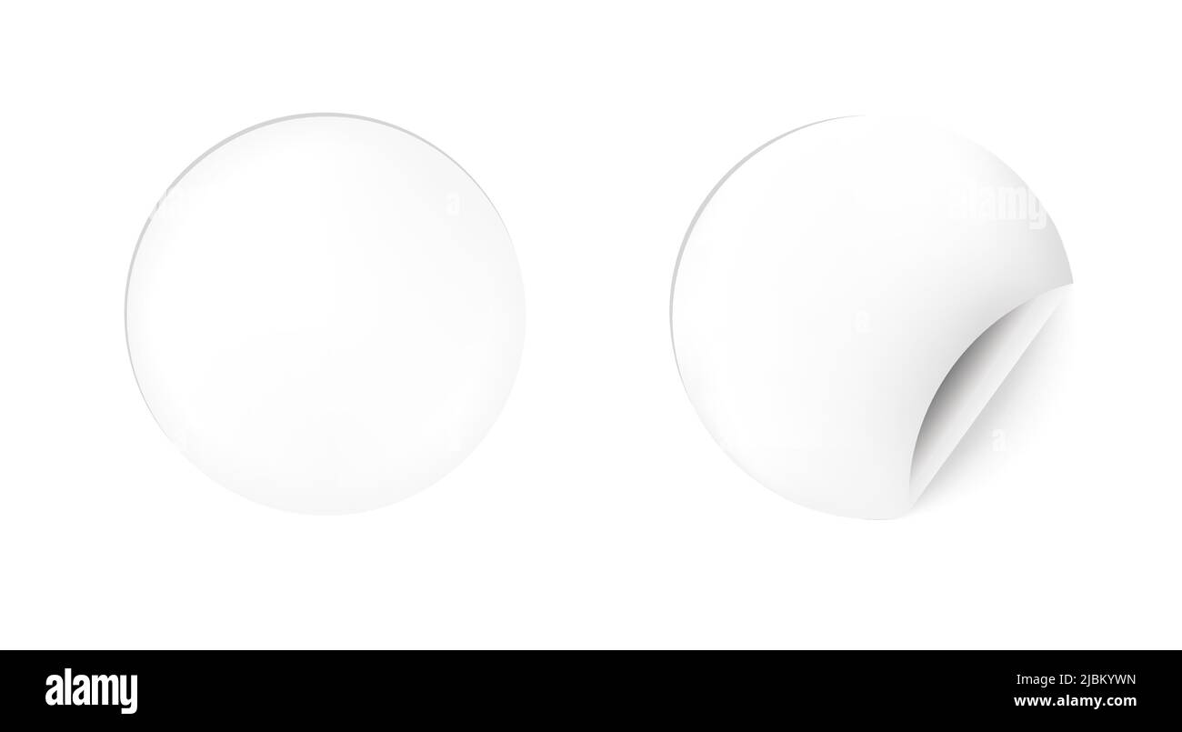 Round white sticker mockup. Circle stickers blank with curl corner ...