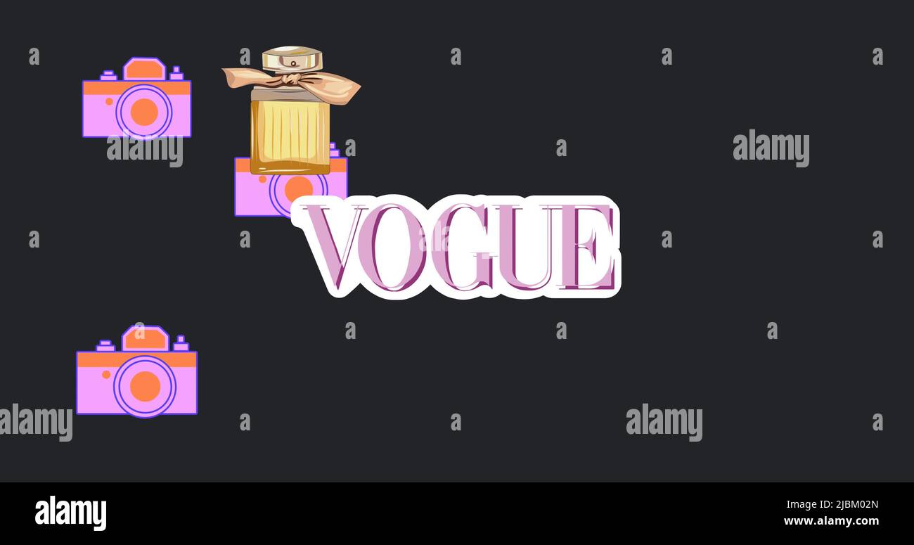 Image of vogue text and camera with perfume icons on black background ...