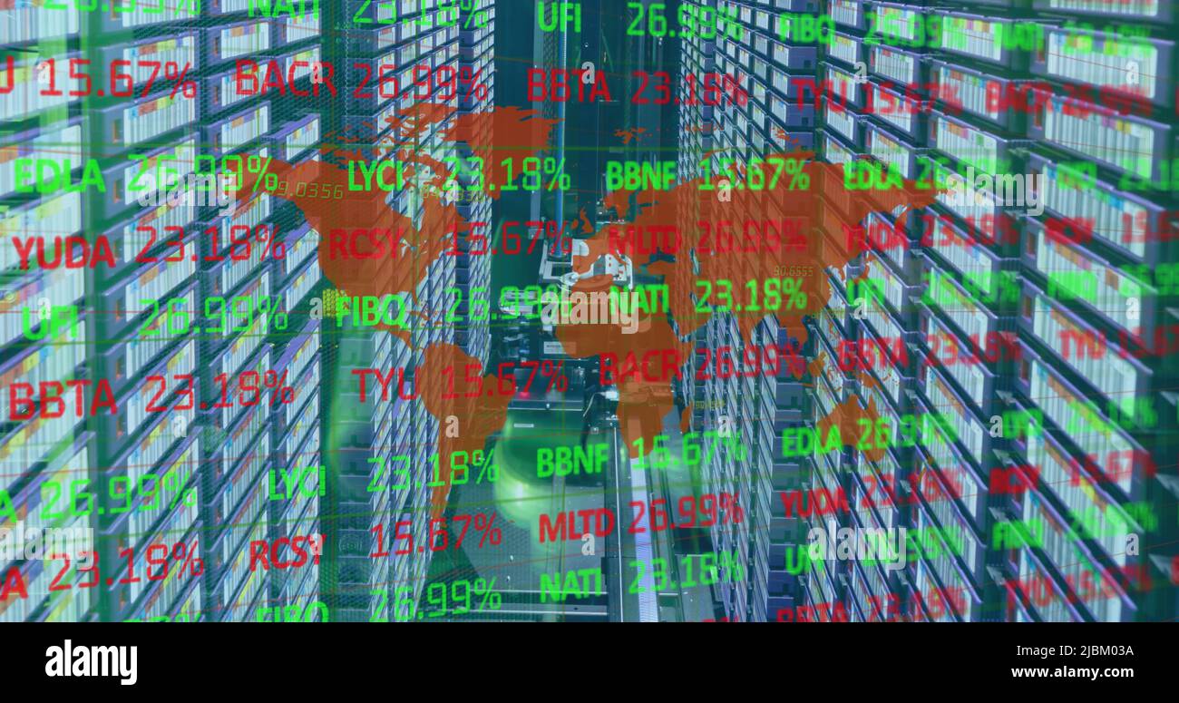 Image of world map and financial data processing over computer servers ...
