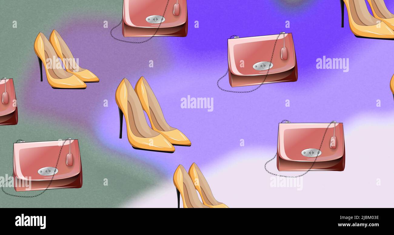 Image of falling bags and shoes over purple background Stock Photo - Alamy