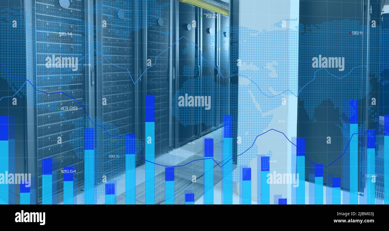 Image of world map, statistics and data processing over computer ...