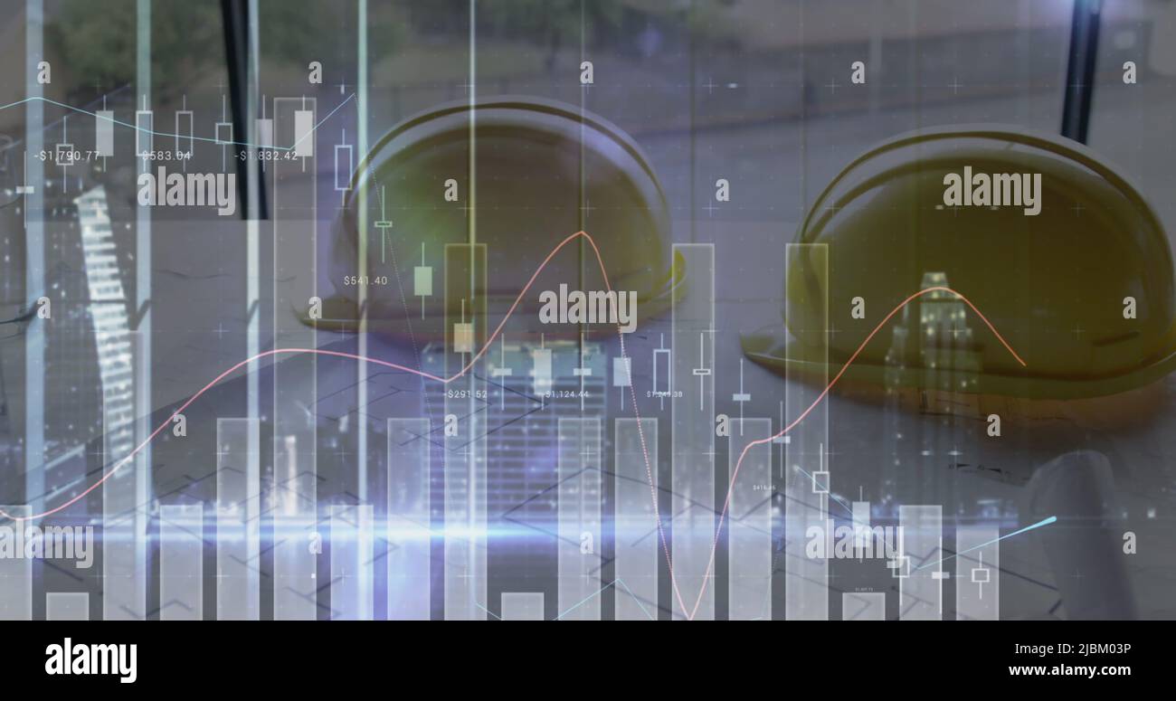 Image of statistics and data processing over architects plans and hard ...