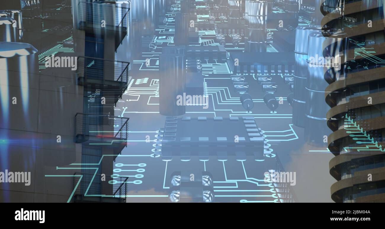 Image of data processing on computer circuit board over modern office ...