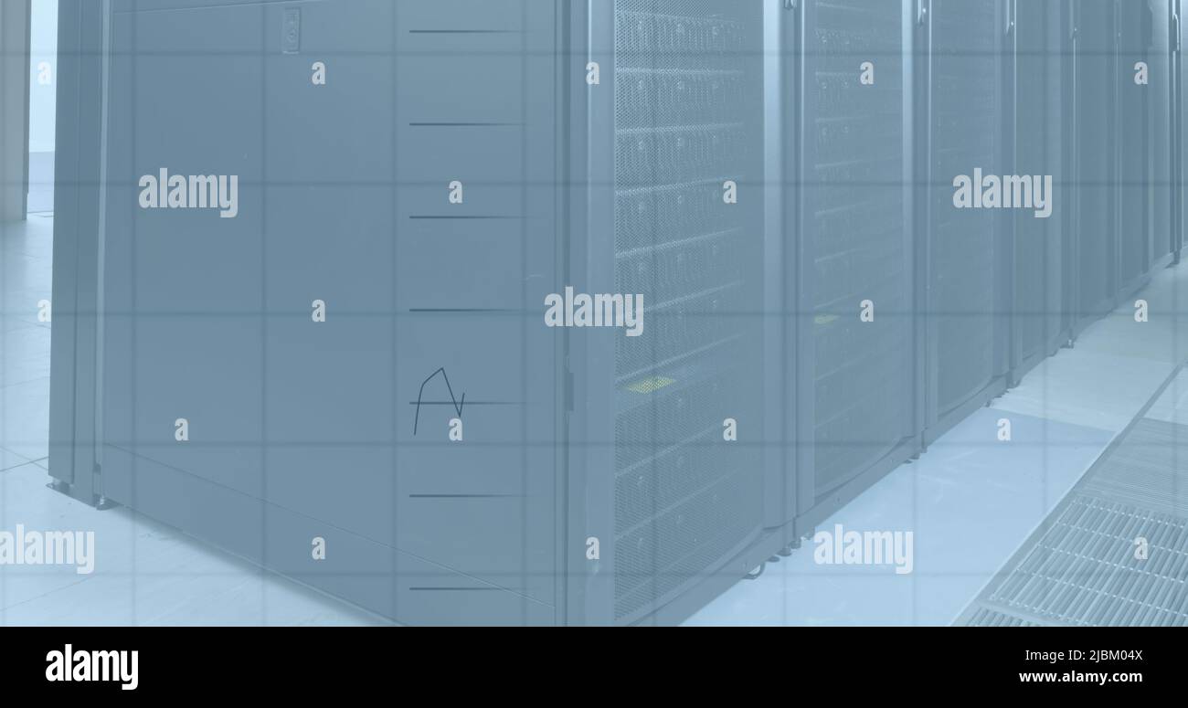 Image of statistics and data processing over room with computer servers ...