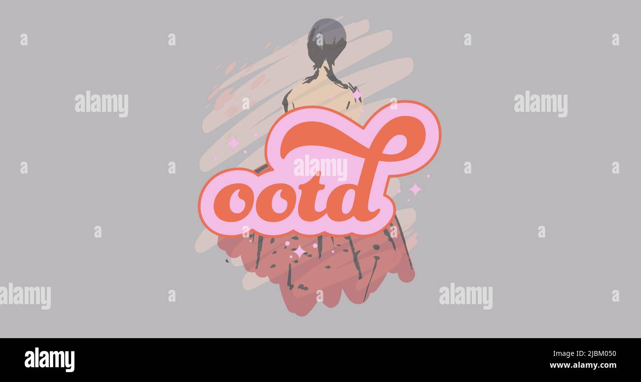 Image of ootd text over female models in dresses on grey background ...