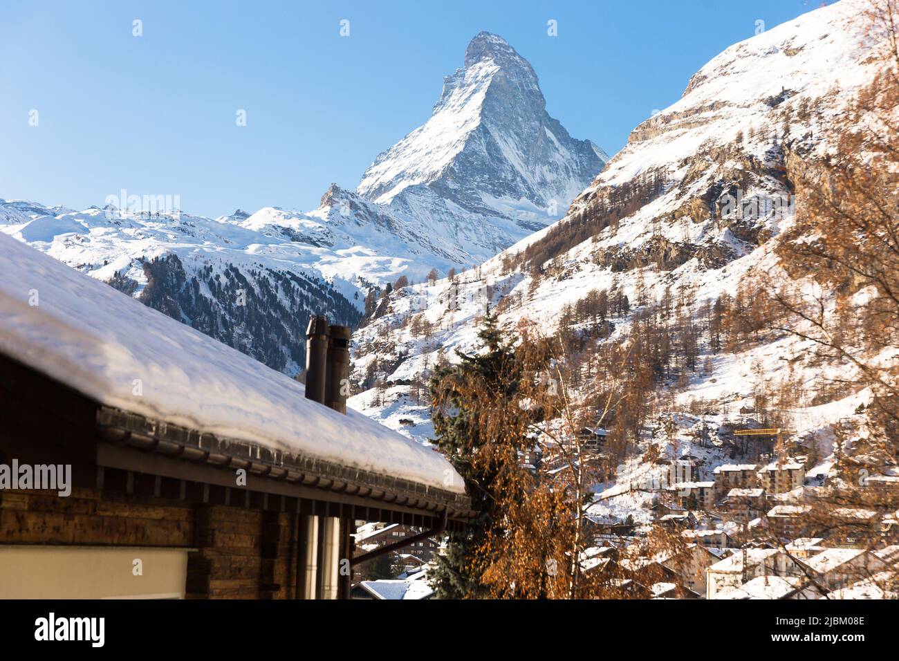 Snowy mountain Matterhorn during the day in winter. Zermatt, swiss alps ...