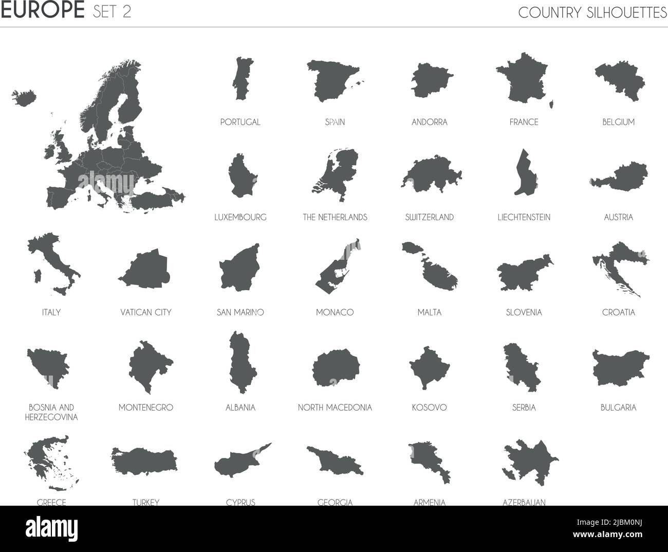 Set of 30 high detailed silhouette maps of European Countries and ...