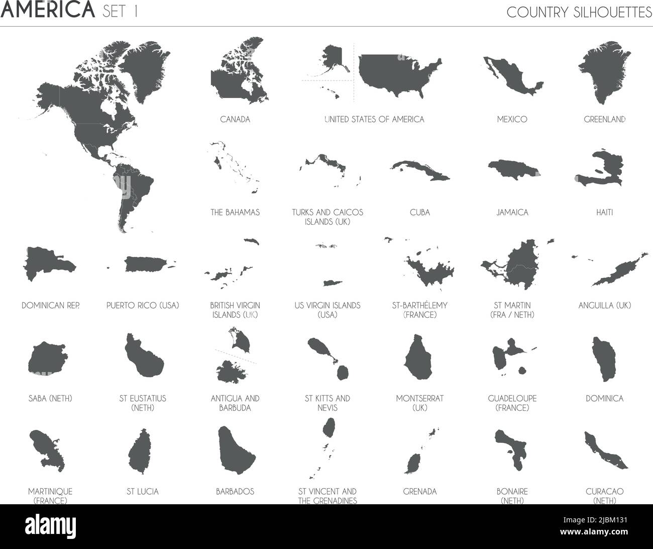 Set of 30 high detailed silhouette maps of American Countries and ...