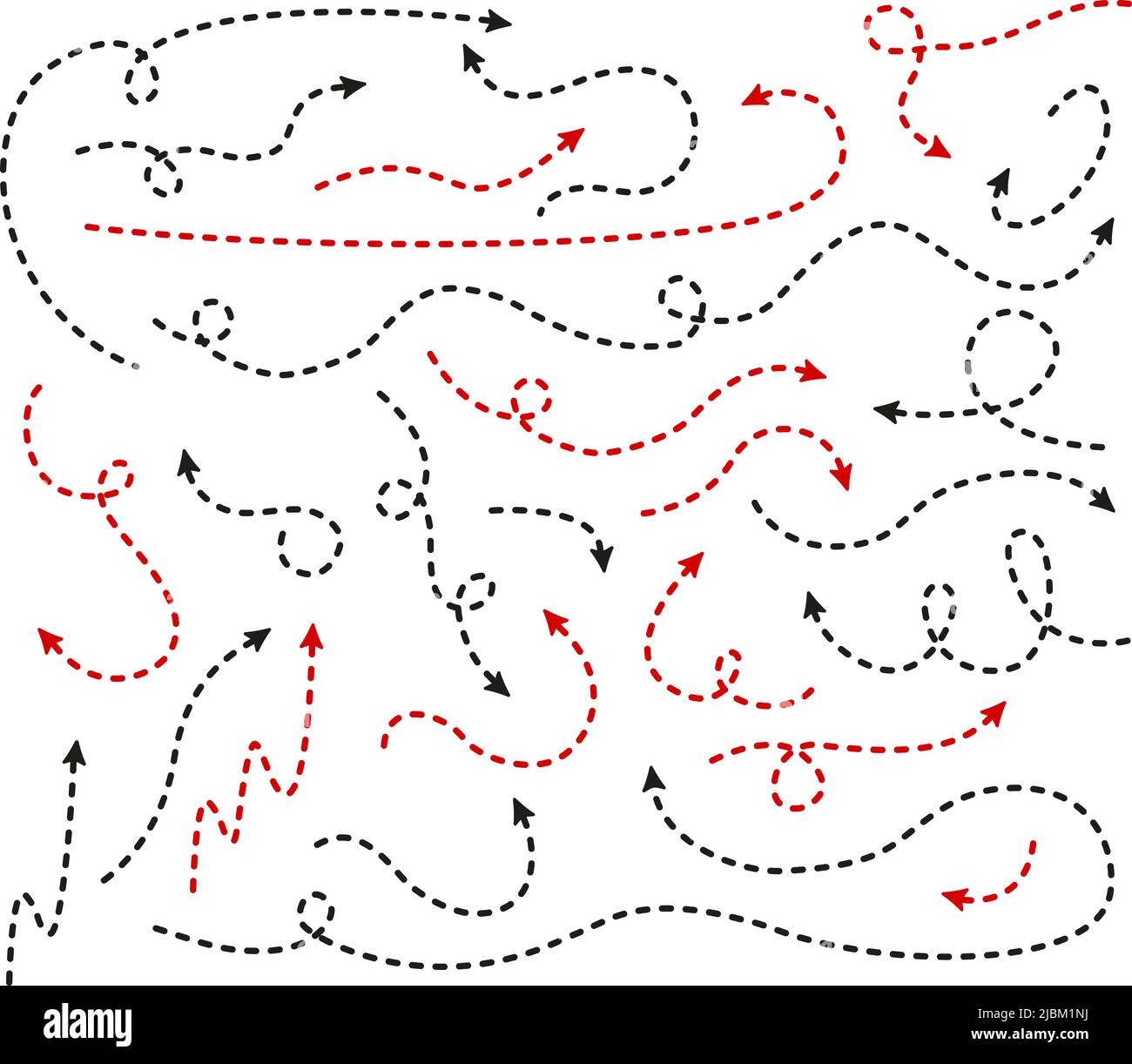 Big Set Arrows and directions signs. thin dash line with arrow. Dotted ...