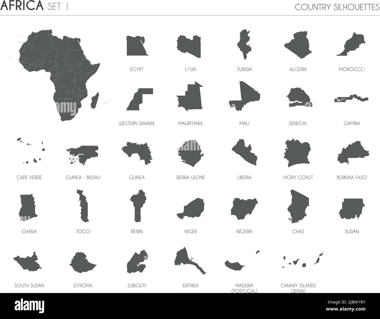 Set Of 30 High Detailed Silhouette Maps Of African Countries And