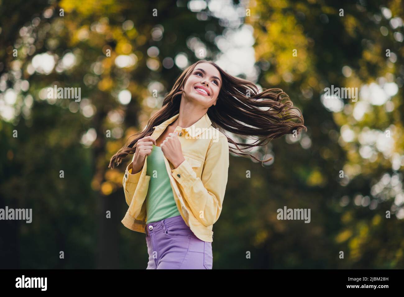 Portrait of attractive cheery long-haired girl dancing having fun relax ...