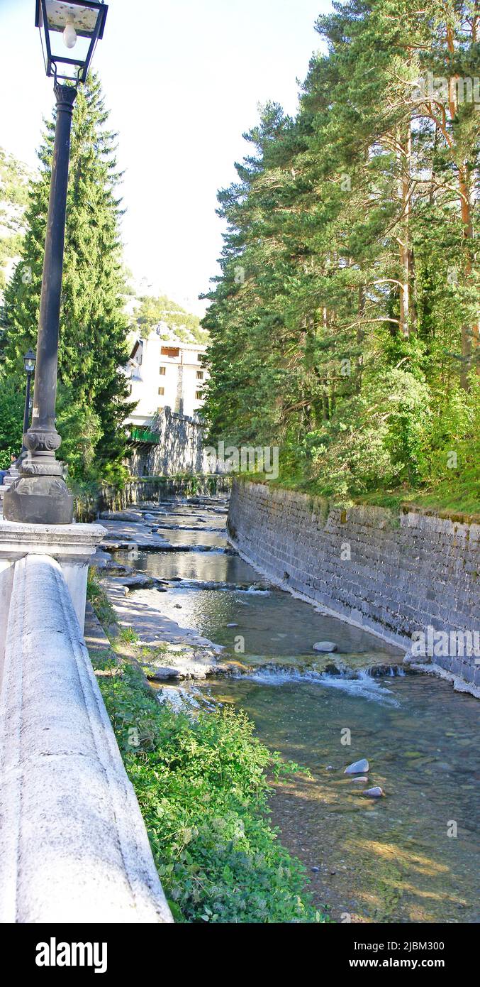 Canal and small power plant in Canfranc, Huesca, Aragon, Spain, Europe ...