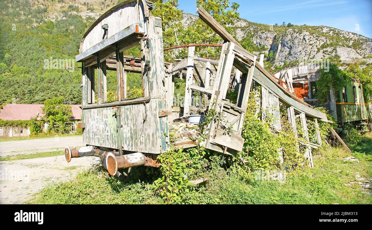 Abandoned train wagons destroyed by nature in the old Canfranc station ...