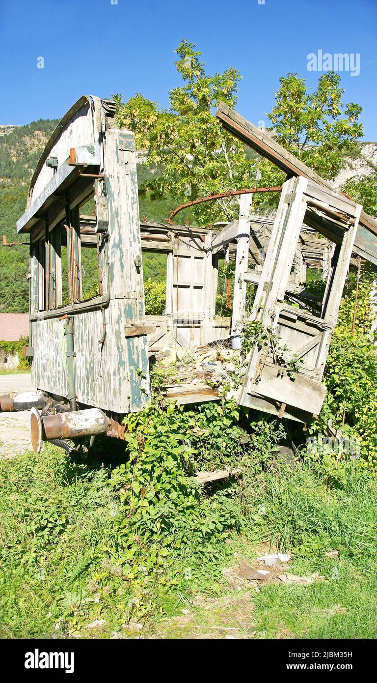 Abandoned train wagons destroyed by nature in the old Canfranc station ...