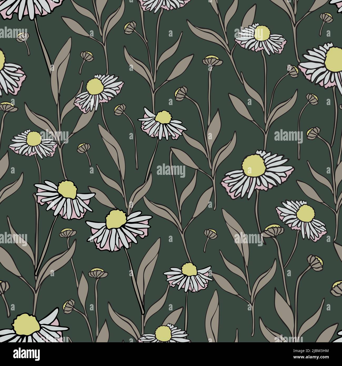 Seamless vector pattern with daisy flowers on green background. Vintage ...