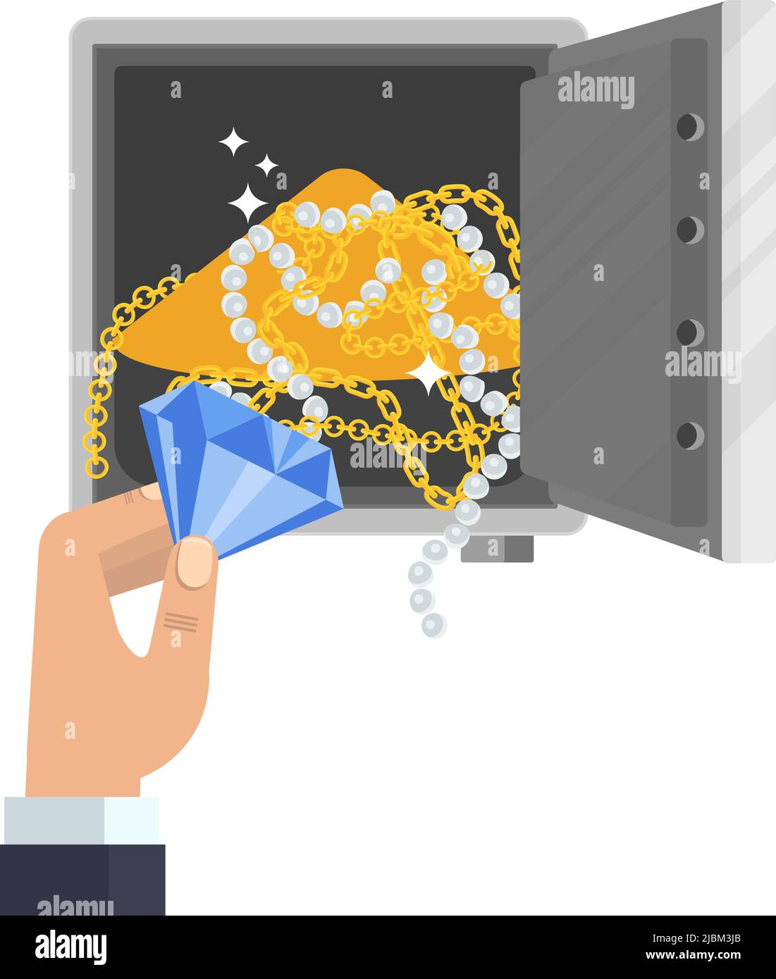 Businessman puts jewelry in a bank safe. Flat vector cartoon ...