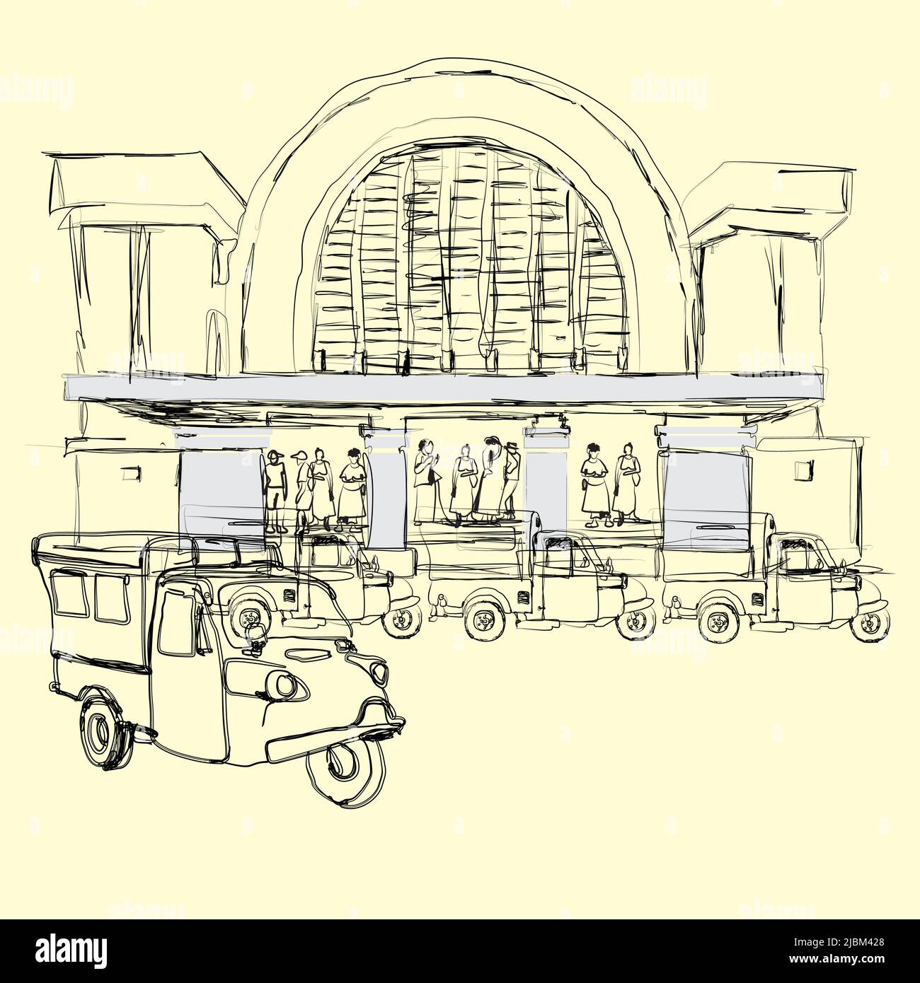 Free hand sketch of jakarta public transportation and jakarta kota ...
