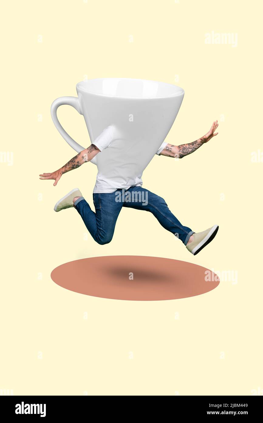 Vertical collage image of energetic person coffee cup instead body head ...