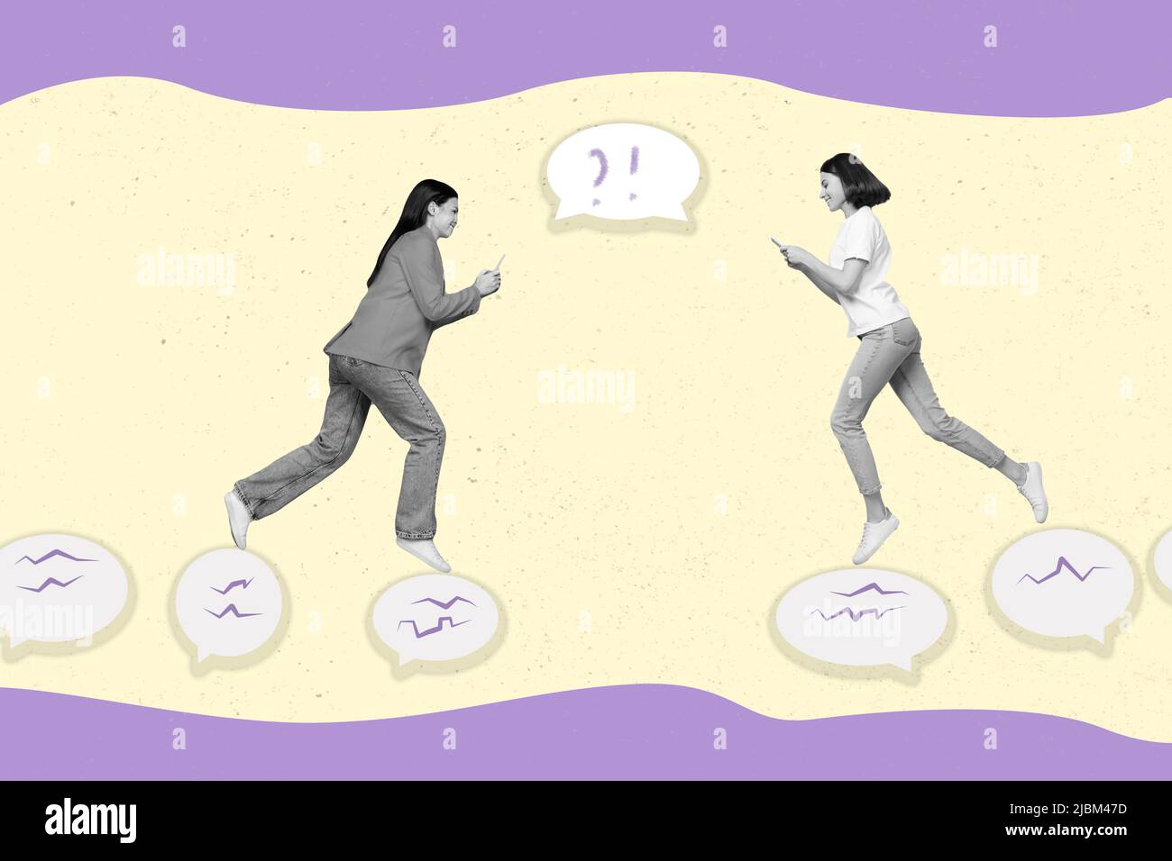 Collage image of two running people black white colors hurry rush use ...