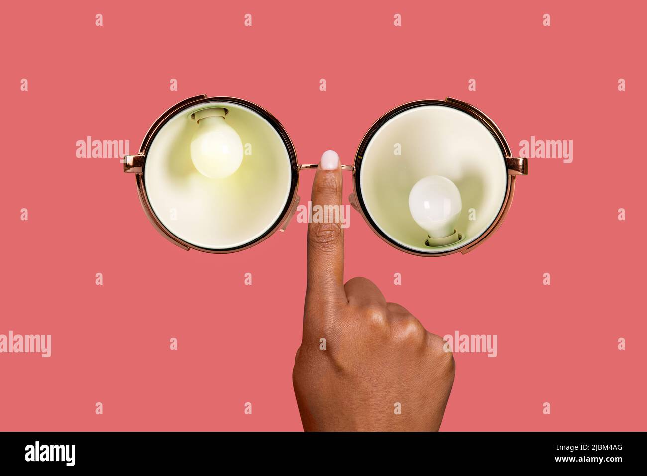 Composite collage picture of human hand finger touch adjust eyeglasses ...