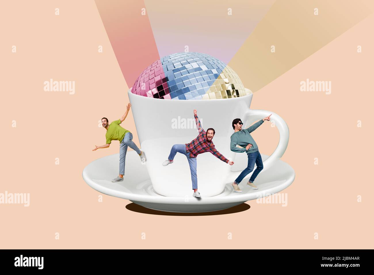 Creative collage portrait of three people enjoy dancing near huge ...