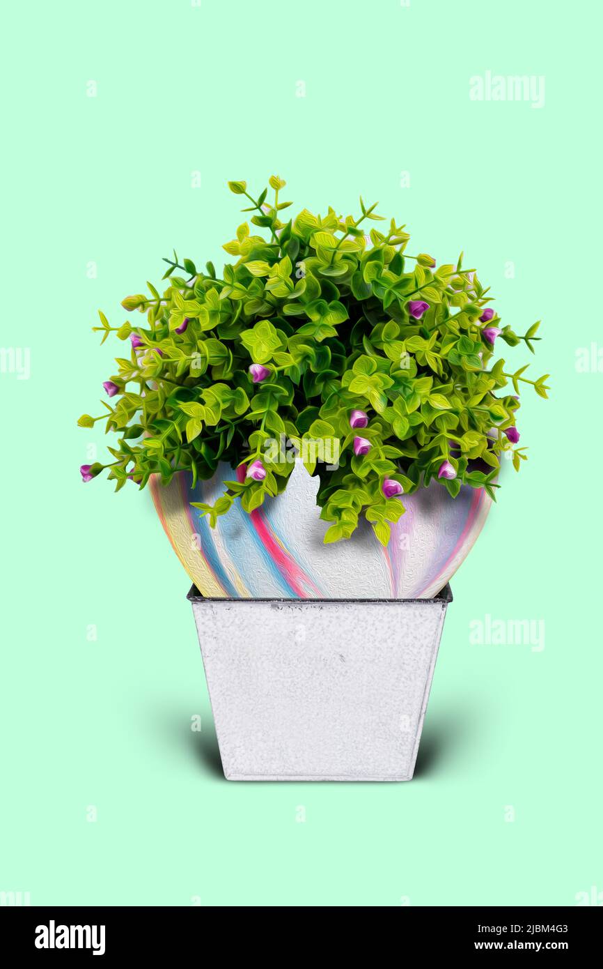 Vertical creative collage portrait of green plant over air balloon pot ...