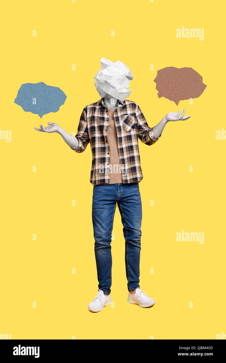 Vertical creative collage portrait of person crumpled paper instead ...