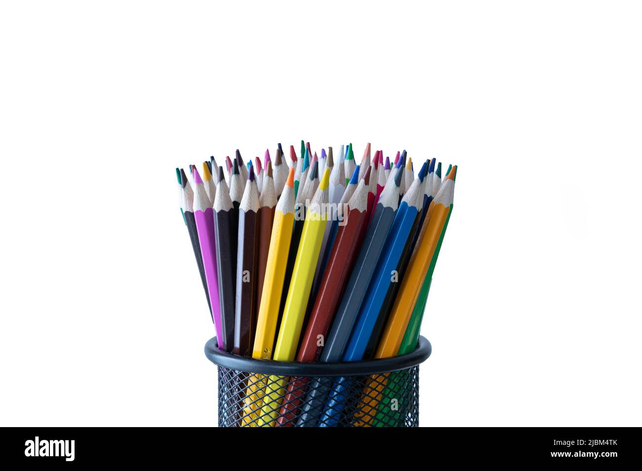 Sharpened color pencils standing in a pencil holder isolated on a white ...