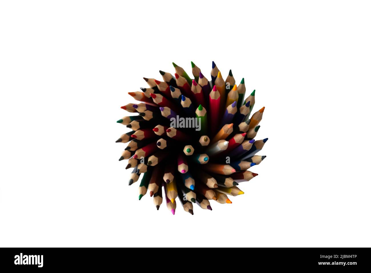 Top view of a bunch of sharpened color pencils standing in a pencil ...