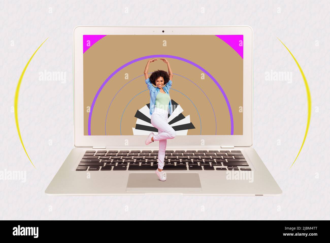 Composite collage image of positive person dancing huge netbook ...