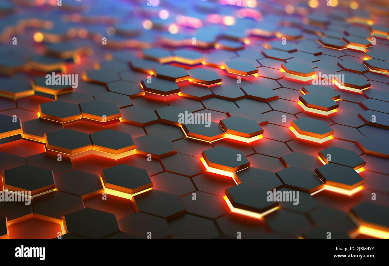 Glowing hexagons in abstract technological 3D illustration. The concept ...