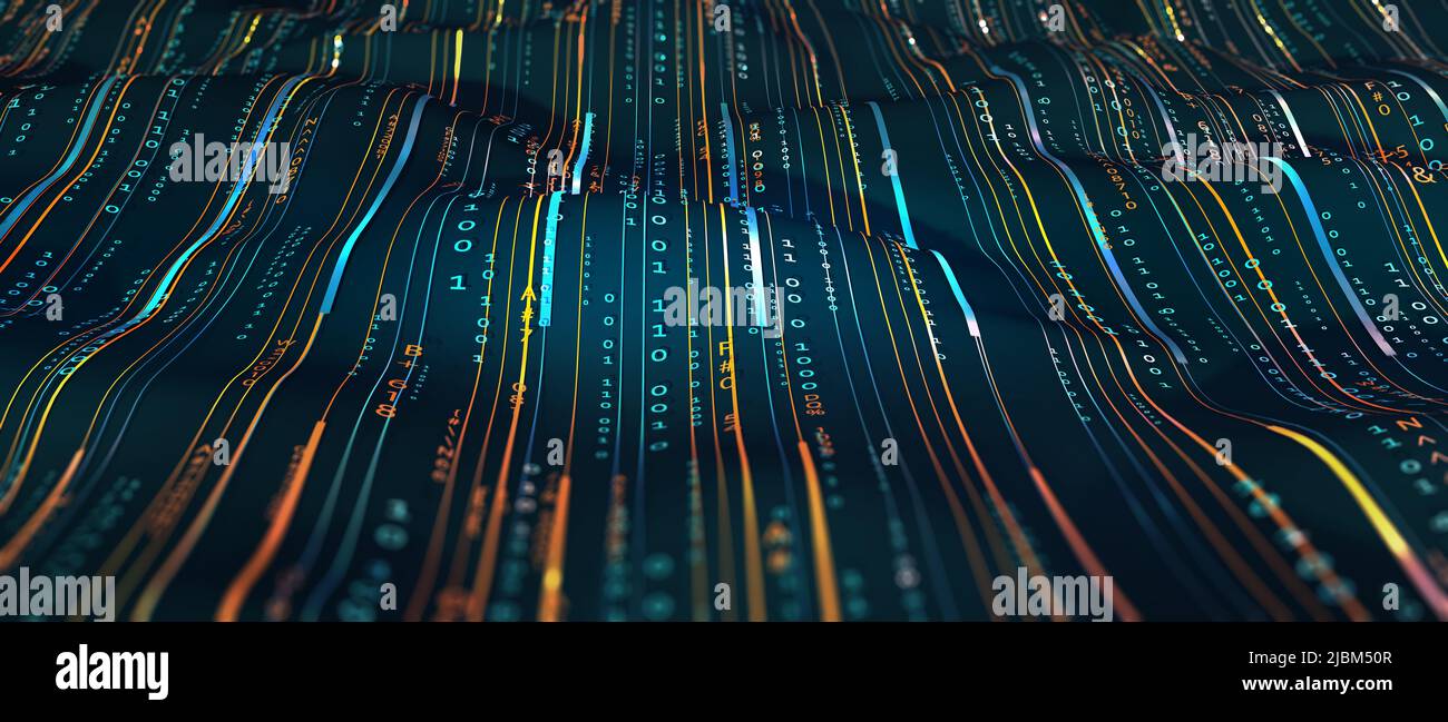 Wavy field, lines with a digital code. Digital structure, big data ...
