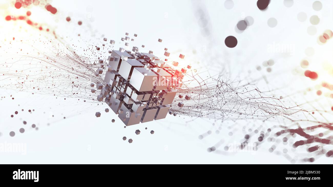 Hi-tech Square blocks are collected in a cubic array against the background of information ...