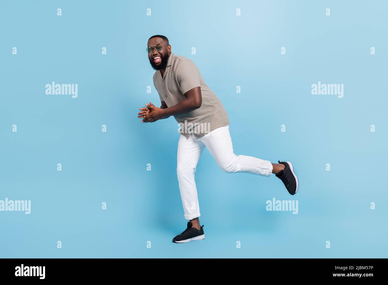 Full body portrait of satisfied glad person dancing have good mood ...