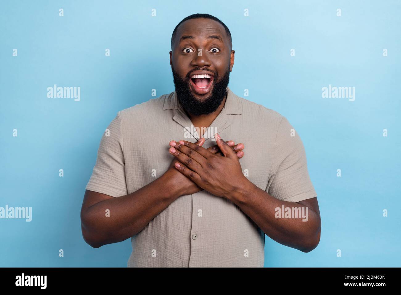 Portrait of positive person arms touch chest open mouth impressed ...