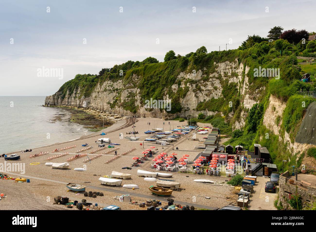 The Beer coastline and white chalk cliffs, looking down from the ...