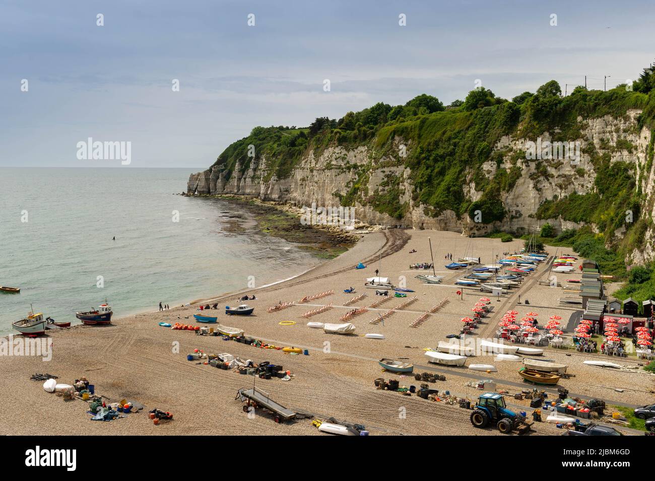 The Beer coastline and white chalk cliffs, looking down from the ...