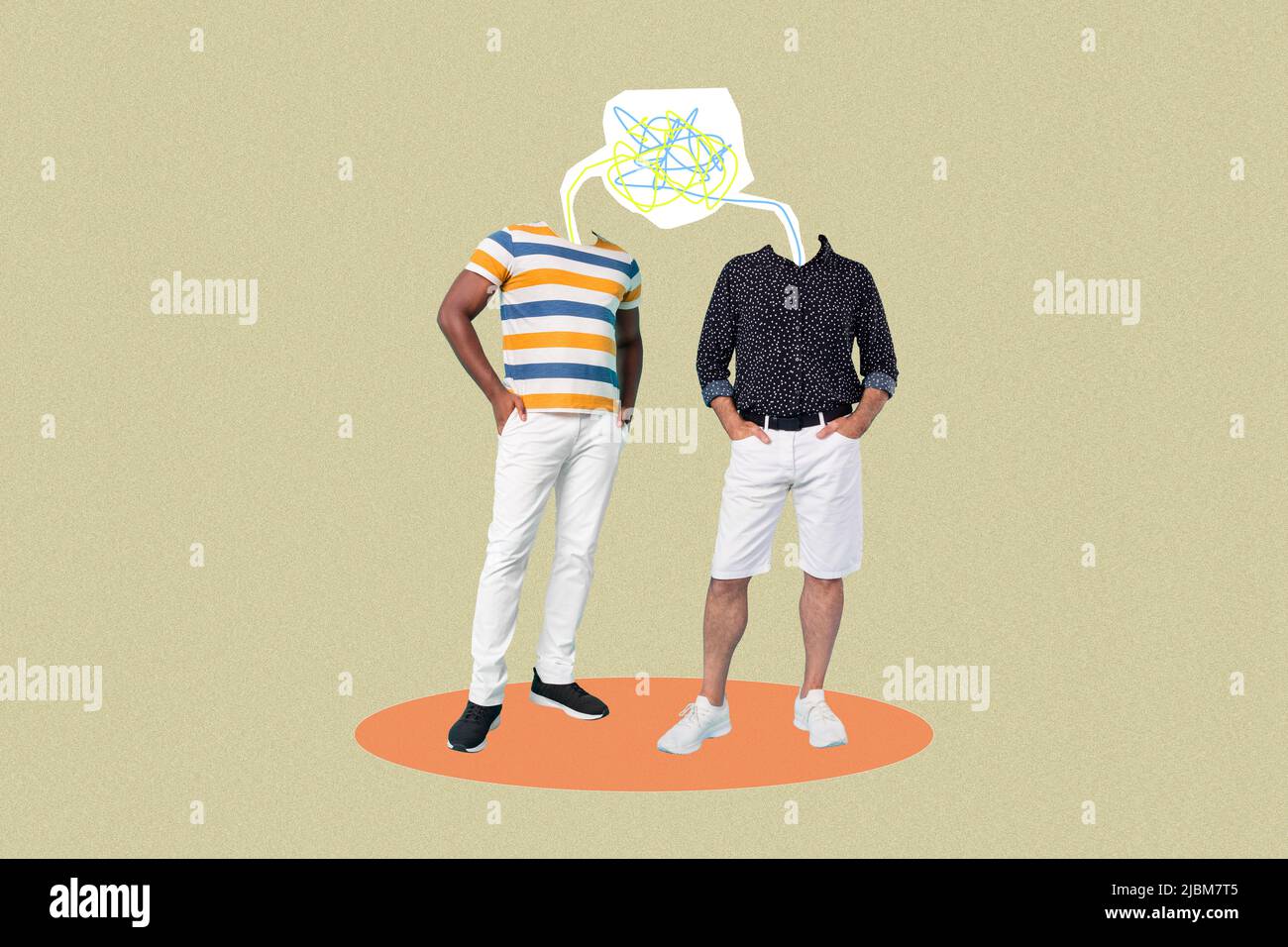 Collage creative image of two people standing solve mutual thoughts ...