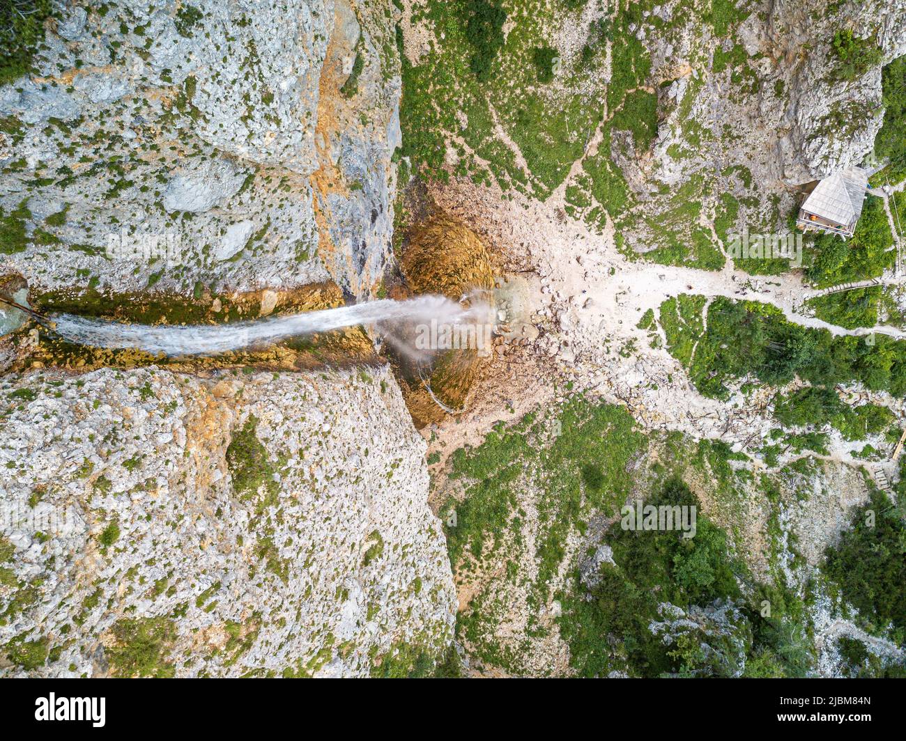 Top down shot of famous Rinka waterfall, the second highest waterfall ...