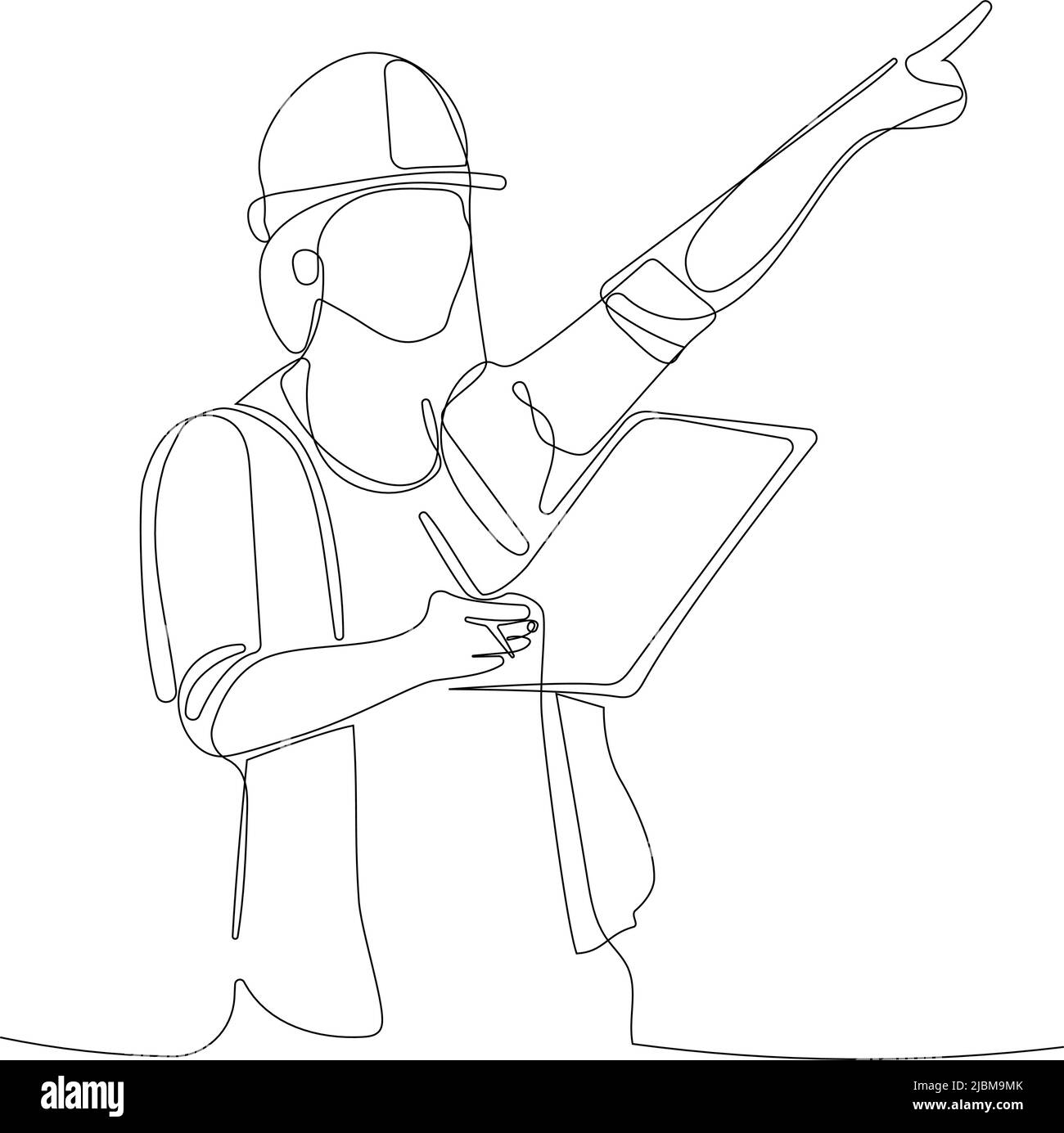 Caucasian worker with helmet on head using tablet Stock Vector Image ...