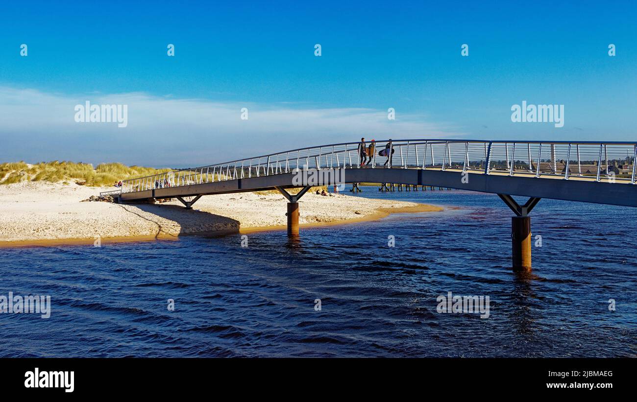 LOSSIEMOUTH MORAY SCOTLAND SURFERS ON THE NEW BRIDGE OVER THE RIVER ...