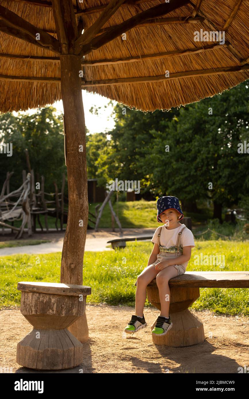 Cute little child, blond boy, walking on sunset in beautiful park ...