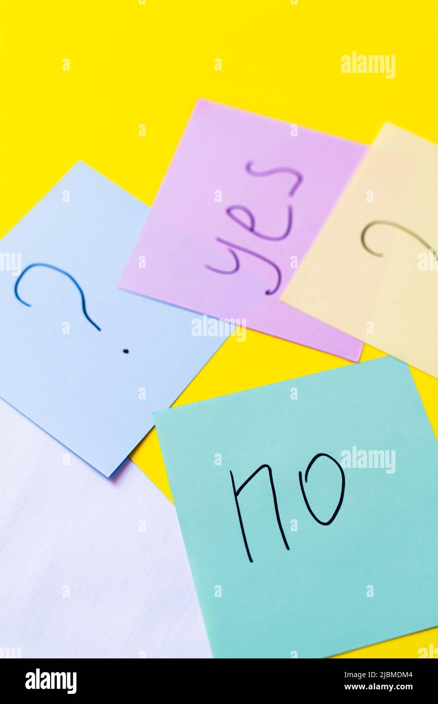 top view of paper notes with question mark near yes and no lettering on ...