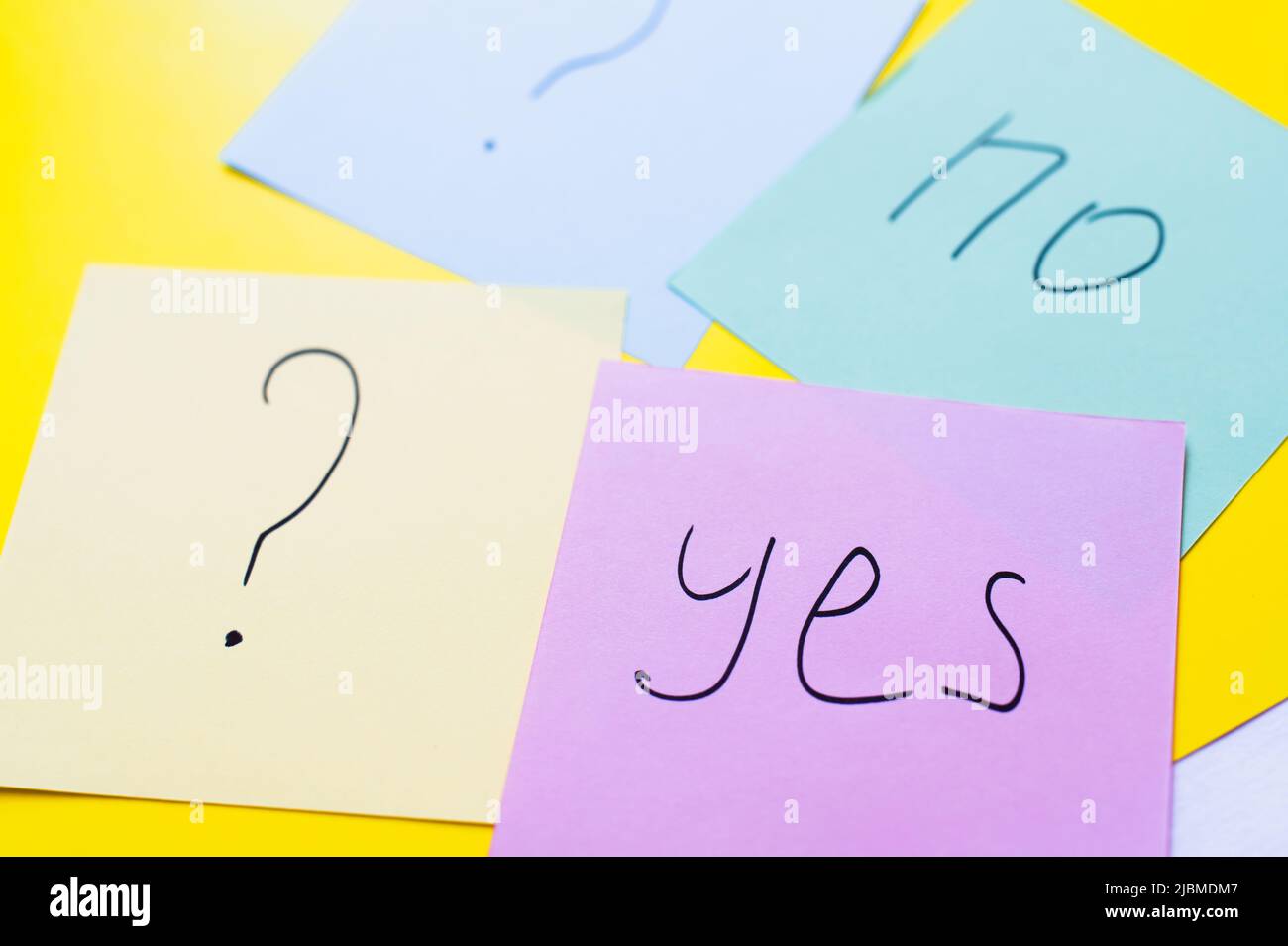 multicolored papers with yes and no lettering near question marks on ...
