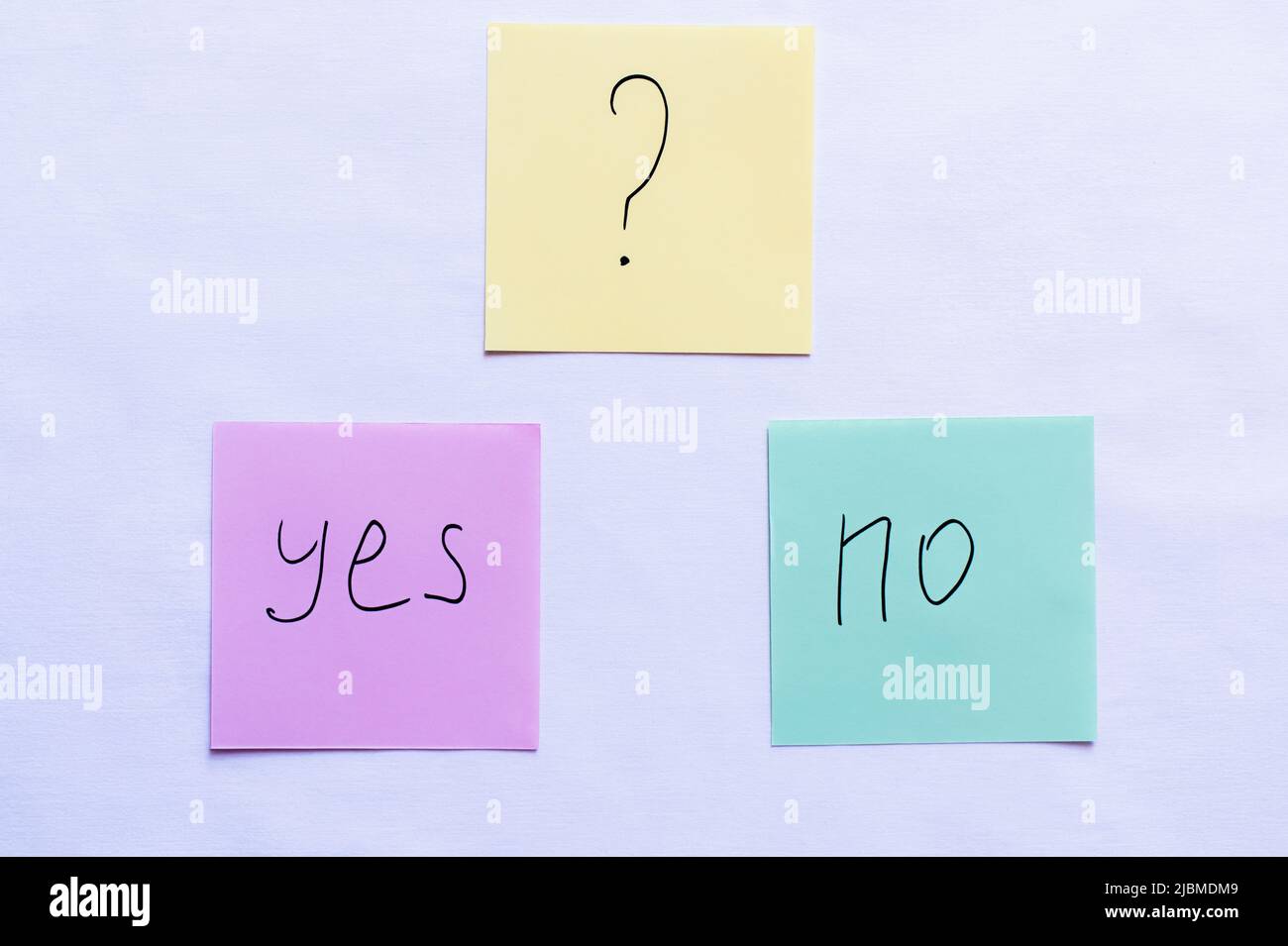 top view of cards with question mark above yes and no words on white ...