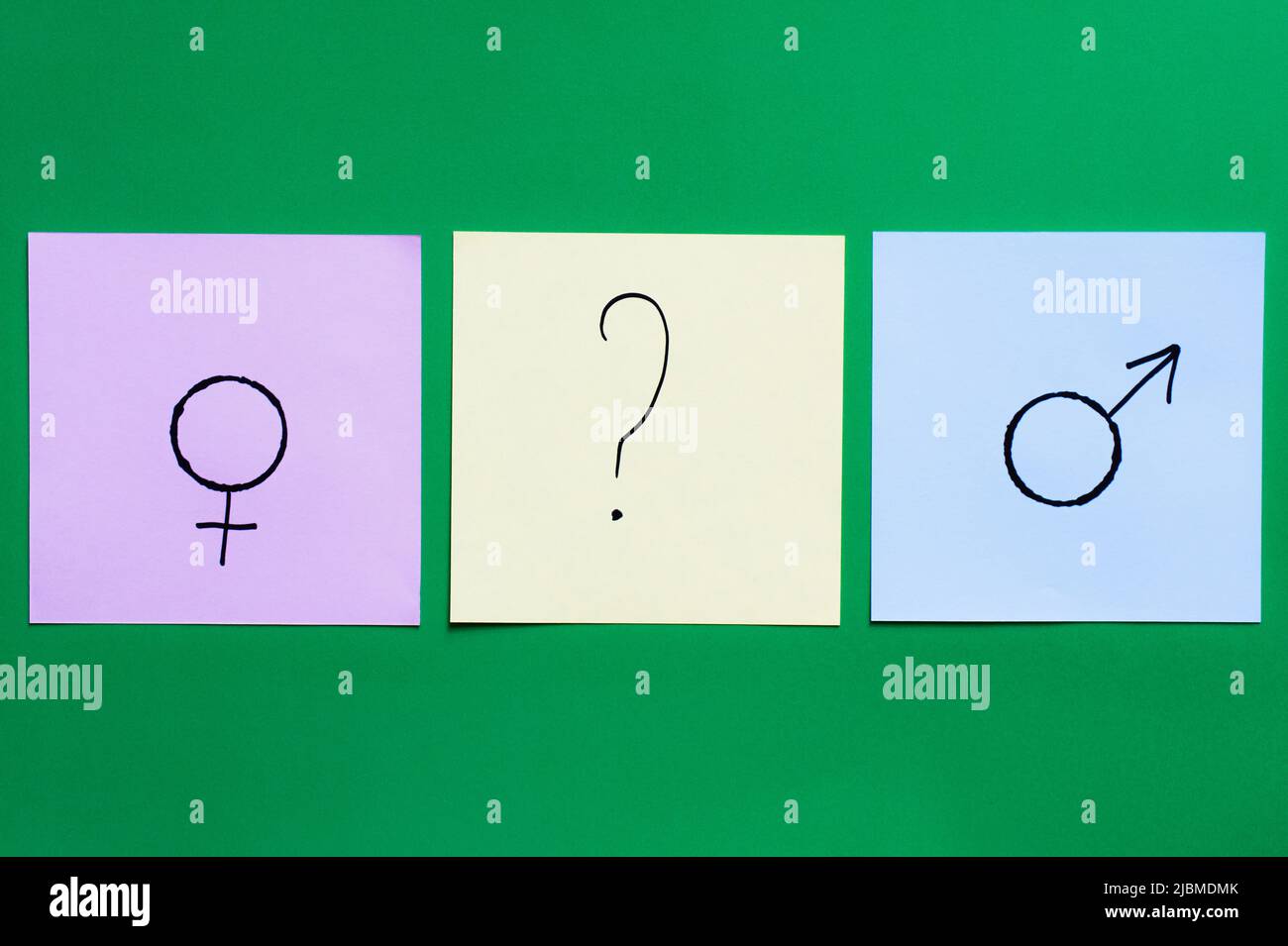 top view of multicolored cards with question mark between gender signs ...