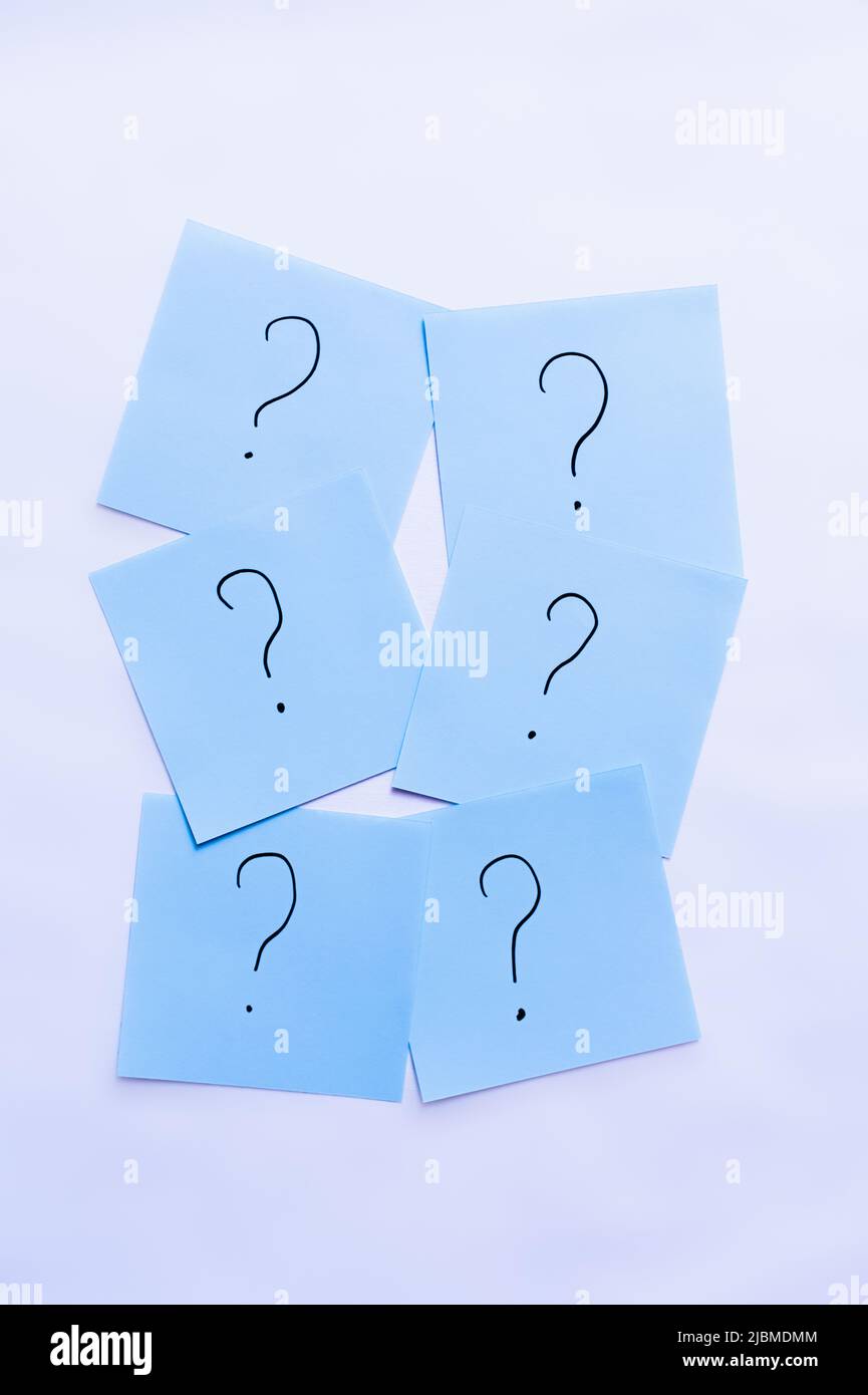 top view of blue cards with question marks on white background Stock ...